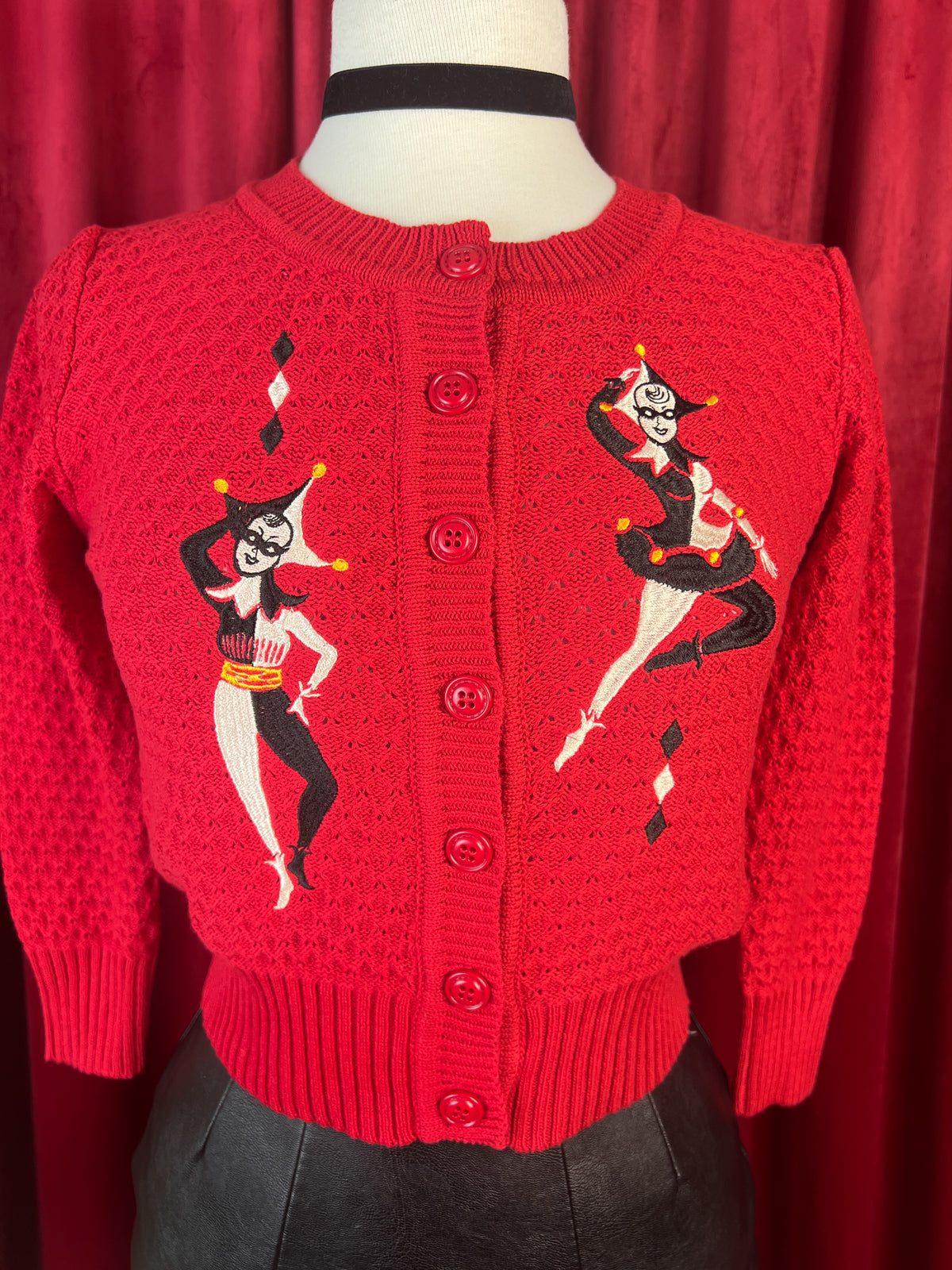 Harlequin Reverie Cropped Cardigan in Red | Mischief Made