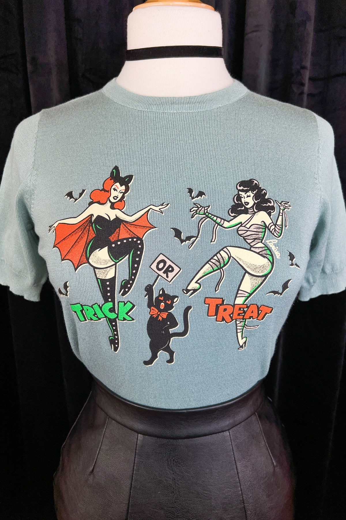 Spooky Stomp short sleeve Sweater in Jade | Mischief Made