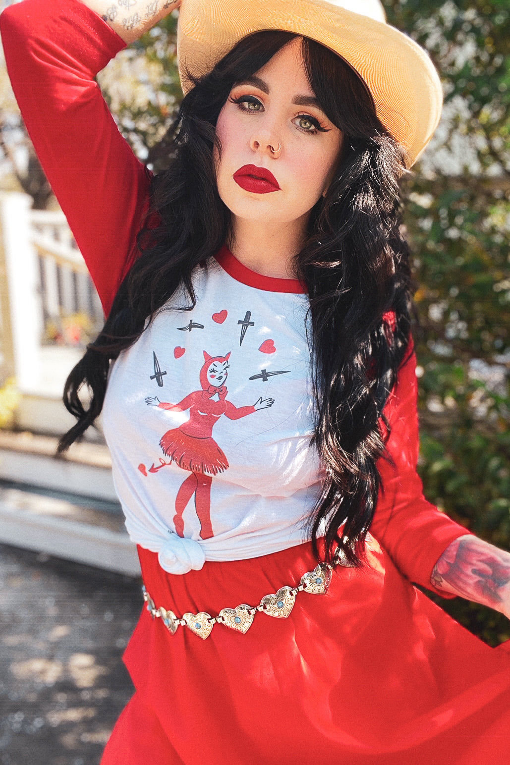 [Unisex] Dagger Devil Raglan Tee in White/Red unisex body | Mischief Made