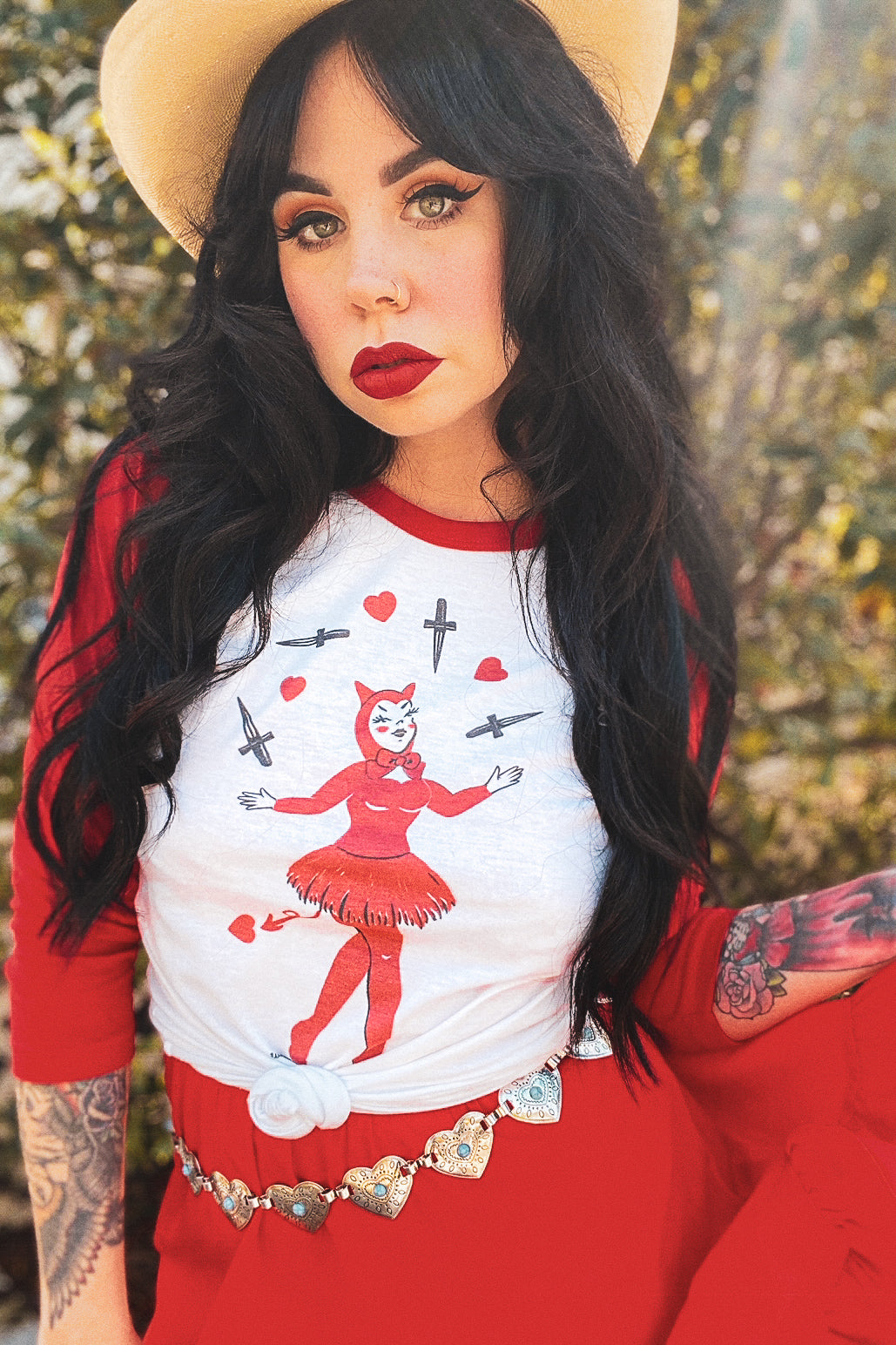 [Unisex] Dagger Devil Raglan Tee in White/Red unisex body | Mischief Made