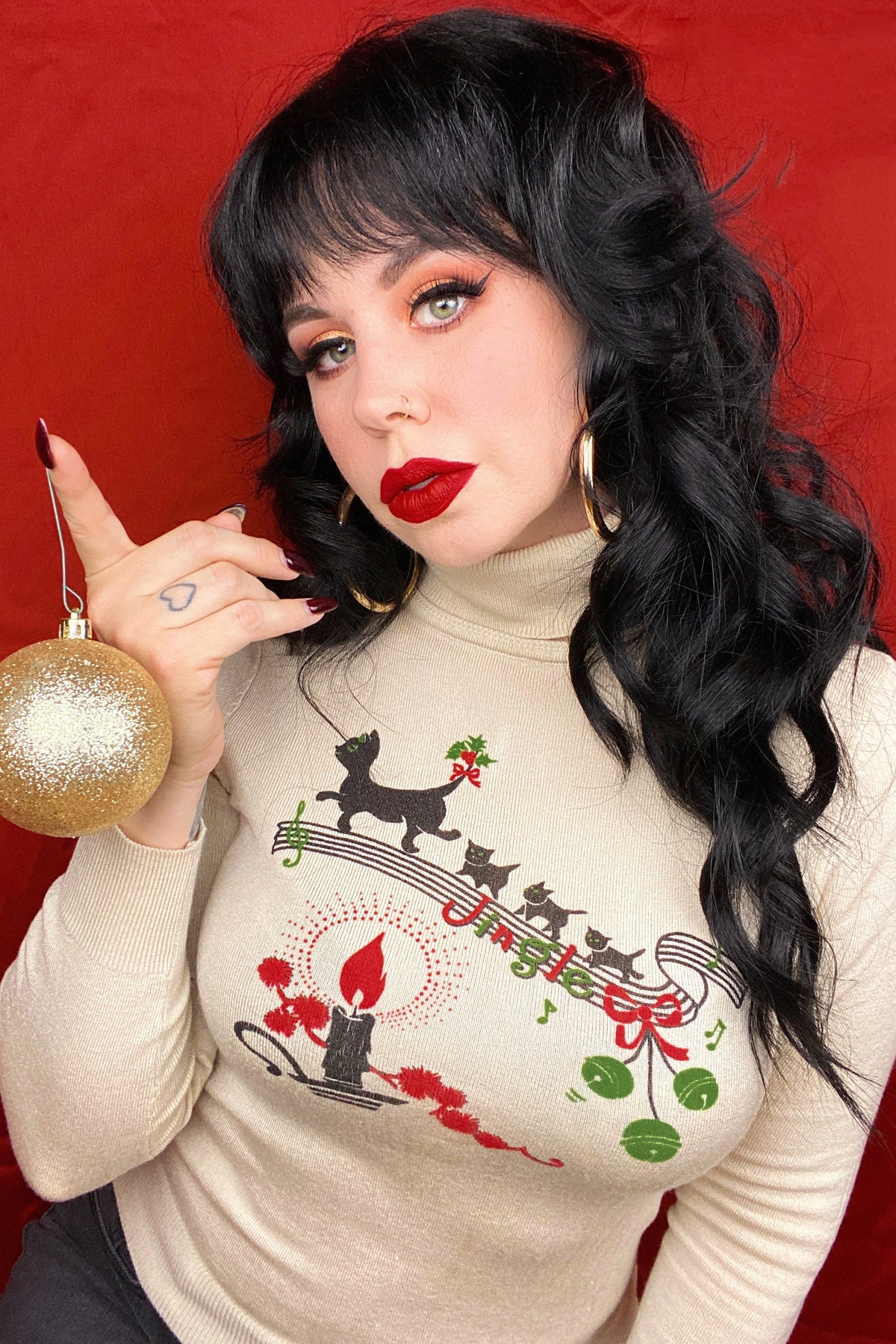 Jingle Cats Turtleneck Sweater in Beige | Mischief Made