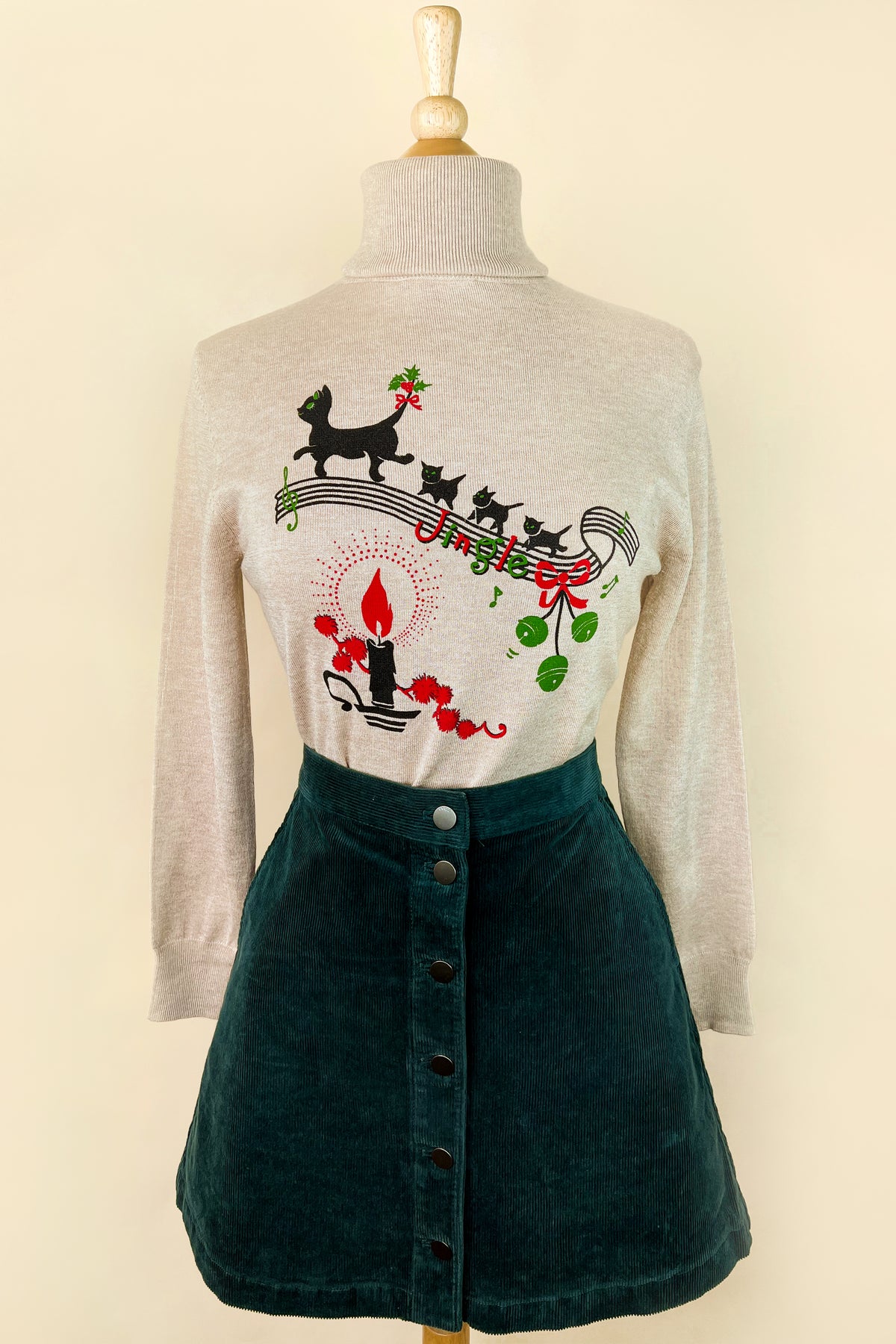 Jingle Cats Turtleneck Sweater in Beige | Mischief Made