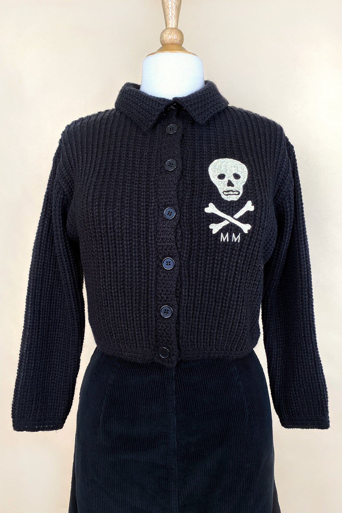 MM Skull Knit Cropped Collared Sweater in Black | Mischief Made