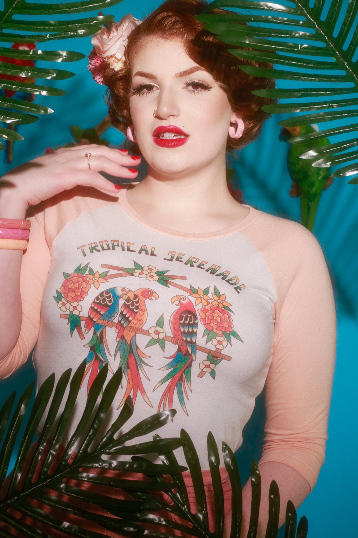 Size Small - Tropical Serenade Raglan Tee in White x Peach | Mischief Made