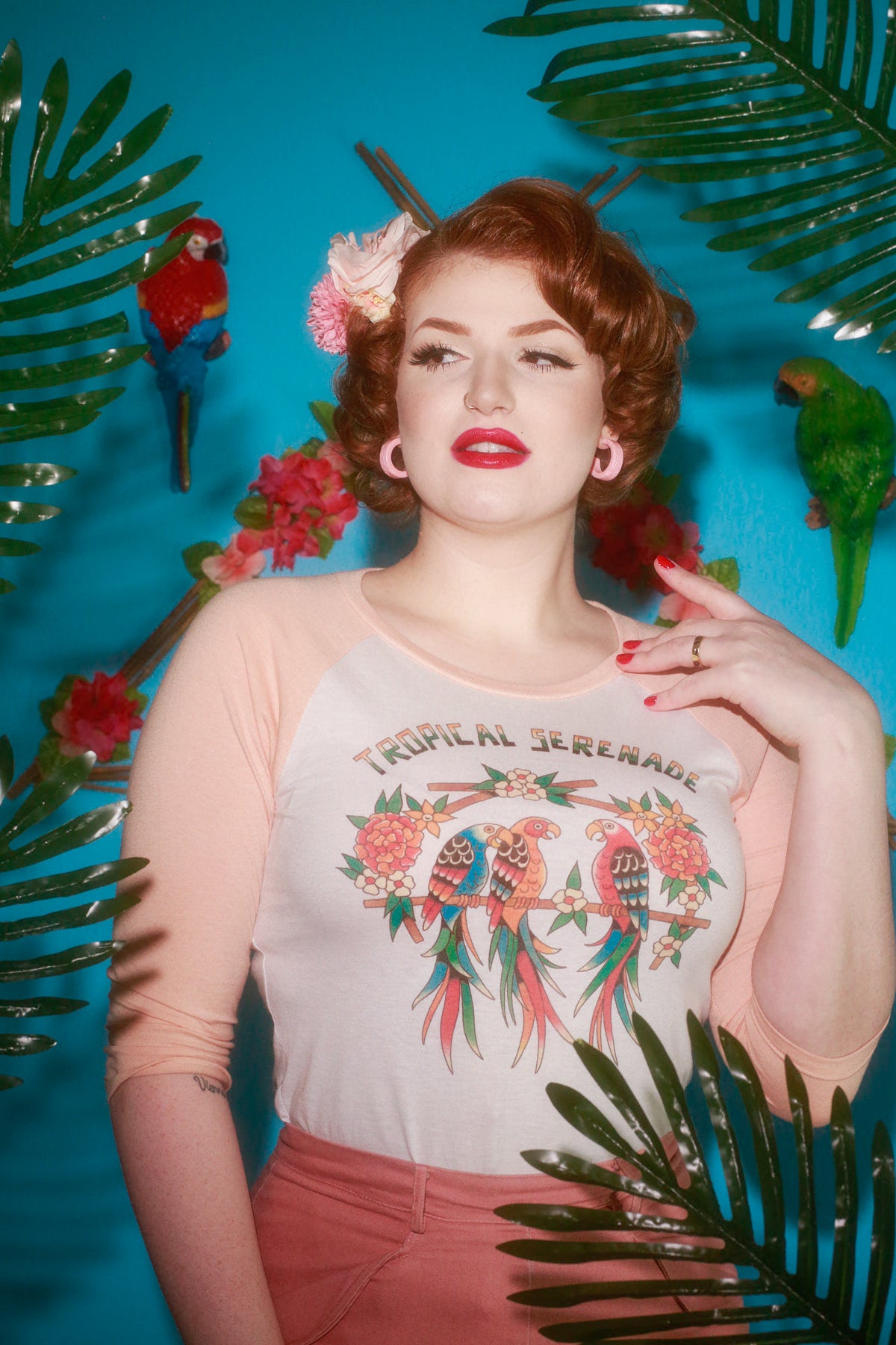 Size Small - Tropical Serenade Raglan Tee in White x Peach | Mischief Made